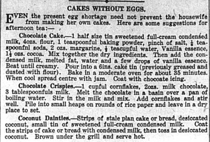 Rationing Recipes - Cakes without Eggs - Bromley Historical Times